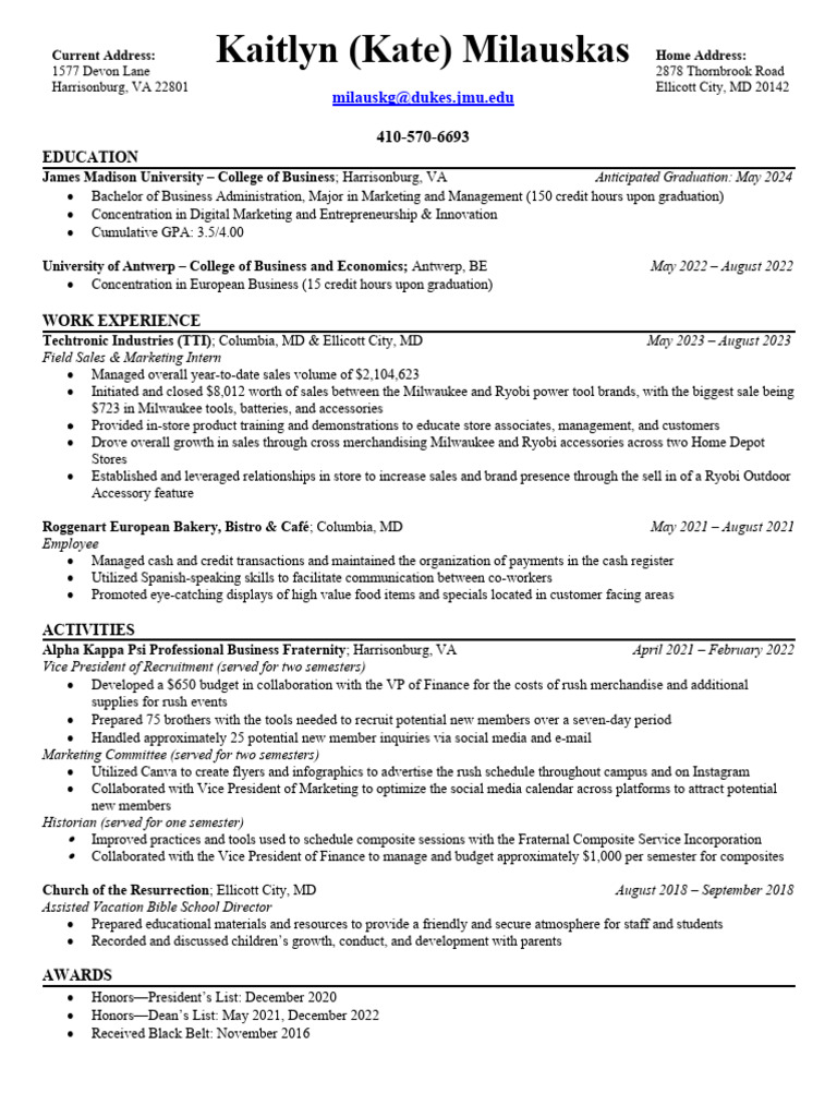 Kate Milauskas Resume | PDF | Sales | Business Economics