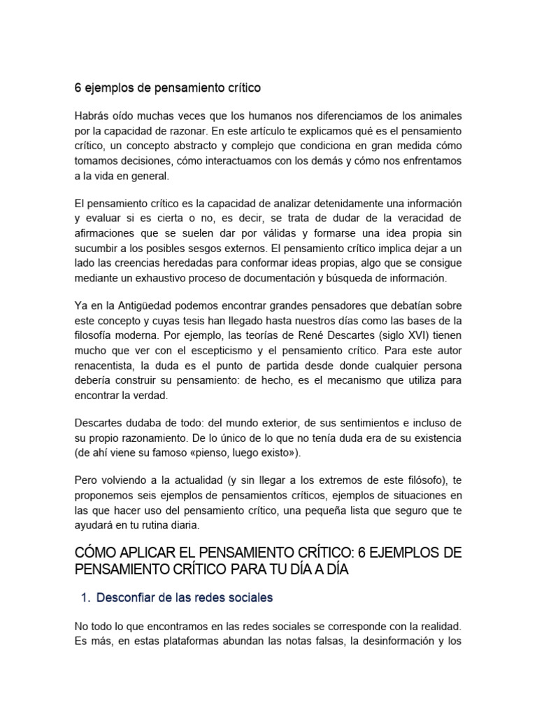 6 Ejemplos de Pensamiento Crítico | PDF | Pensamiento crítico | Pensamiento
