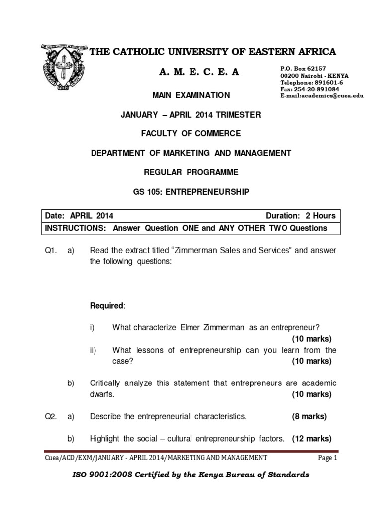 Entrepreneurship Exam Questions 2014 | PDF