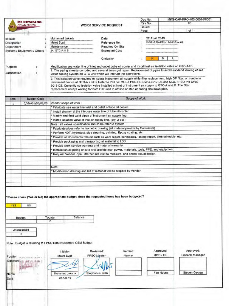 WSR-RTN-PRJ-19-013Rev.01 - Piping of GTC-A&B Sea Water Lube Oil Cooler Update | PDF