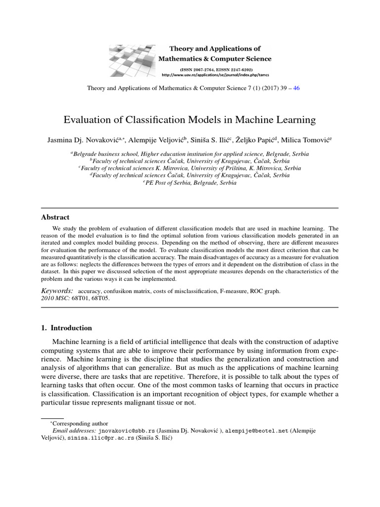 Evaluation of Classification Models in Machine Learning: Keywords | PDF | Machine Learning ...