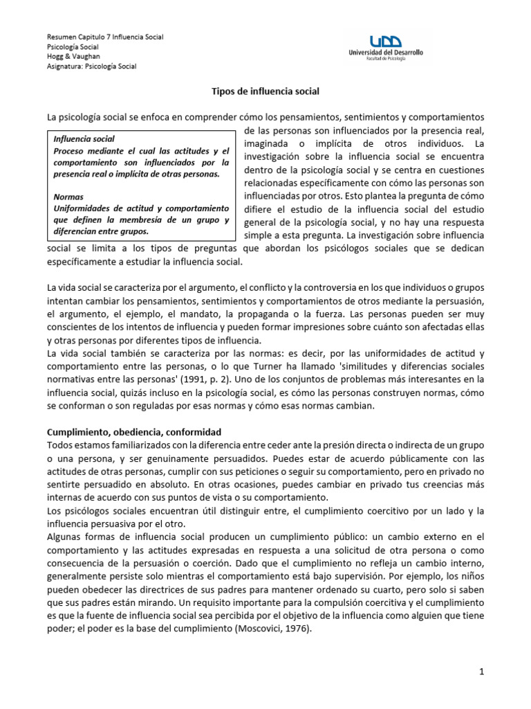 Resumen Capitulo - 7 - Influencia Social | PDF | Conformidad ...