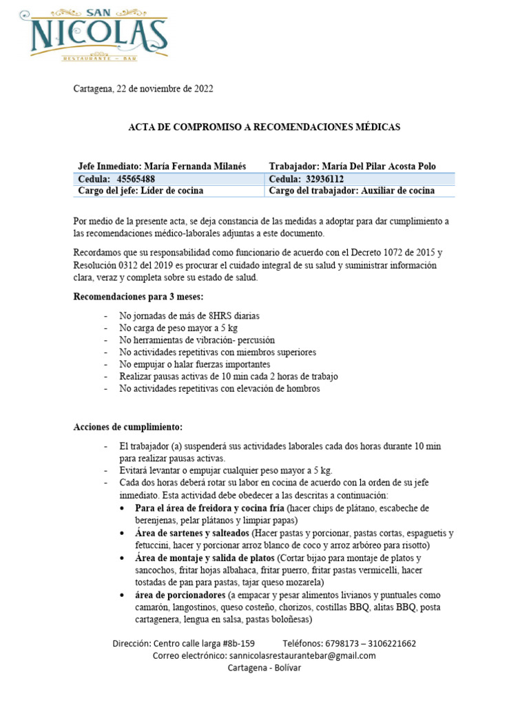 Acta de Compromiso Por Recomendaciones Laborales | PDF | Ingredientes ...