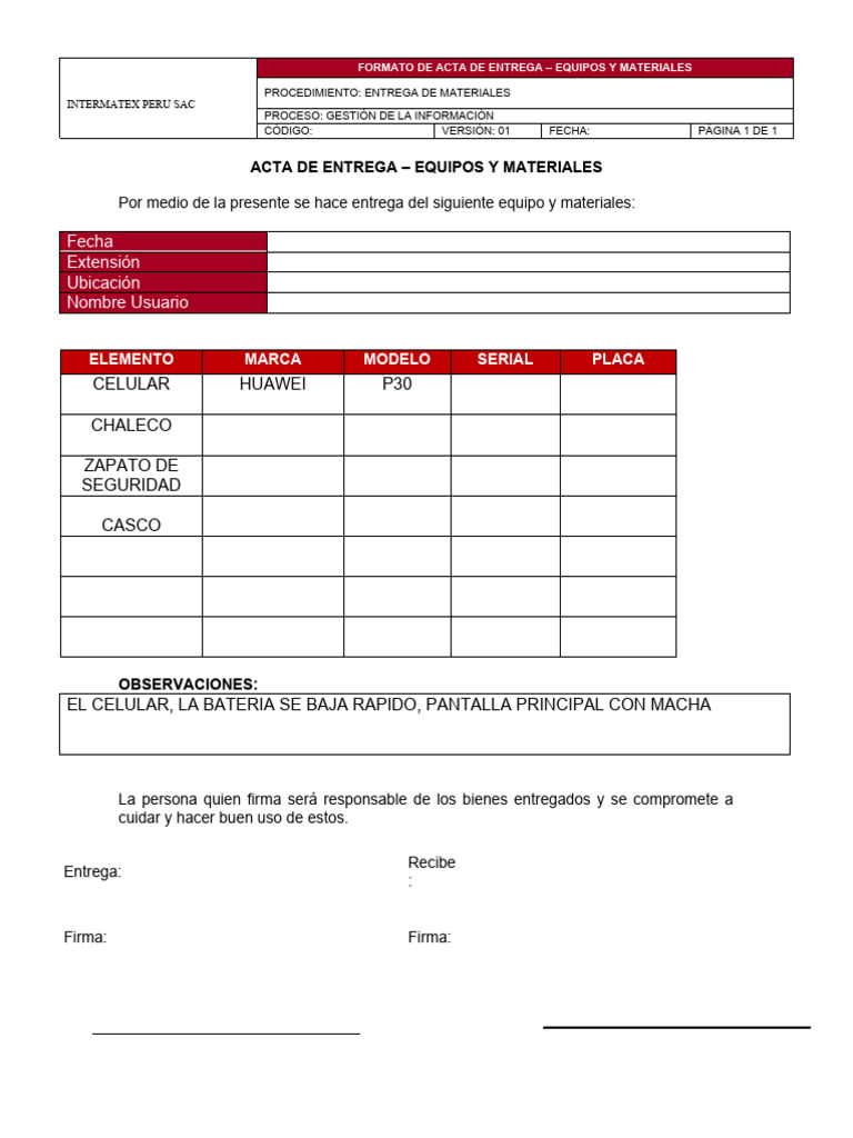 Acta de Entrega de Materiales | PDF