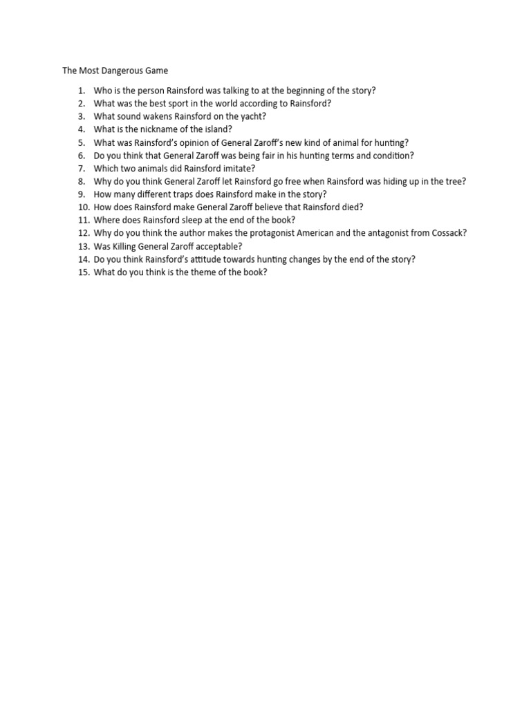 The Most Dangerous Game Comprehension Questions | PDF