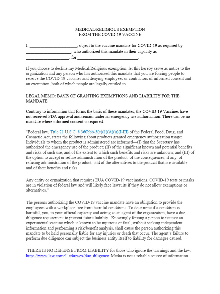 Medical Religious Exemption Form | Download Free PDF | Legal Liability ...