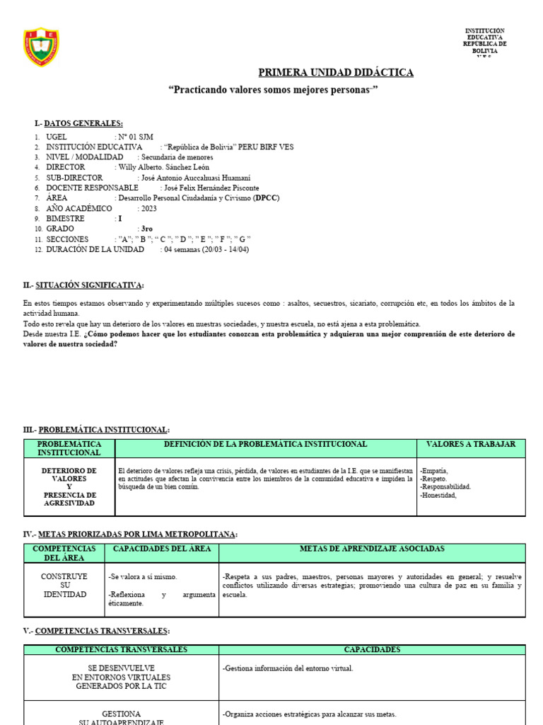 1ra. Unidad DPCC 3ro Grado 2023. | PDF