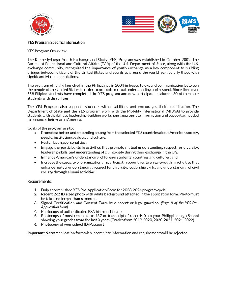 YES Pre Application Form For 2023 2024 | PDF