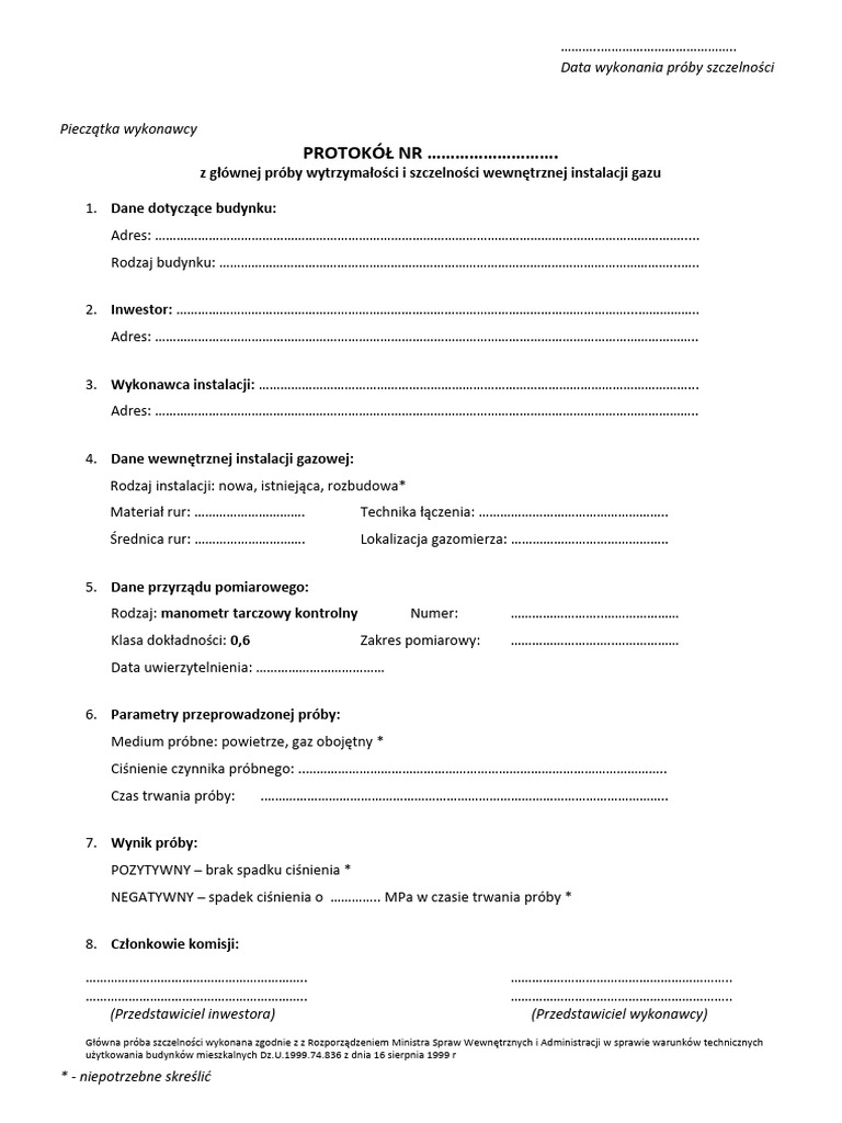 Protokol Szczelnosci Instalacji Gazu | PDF