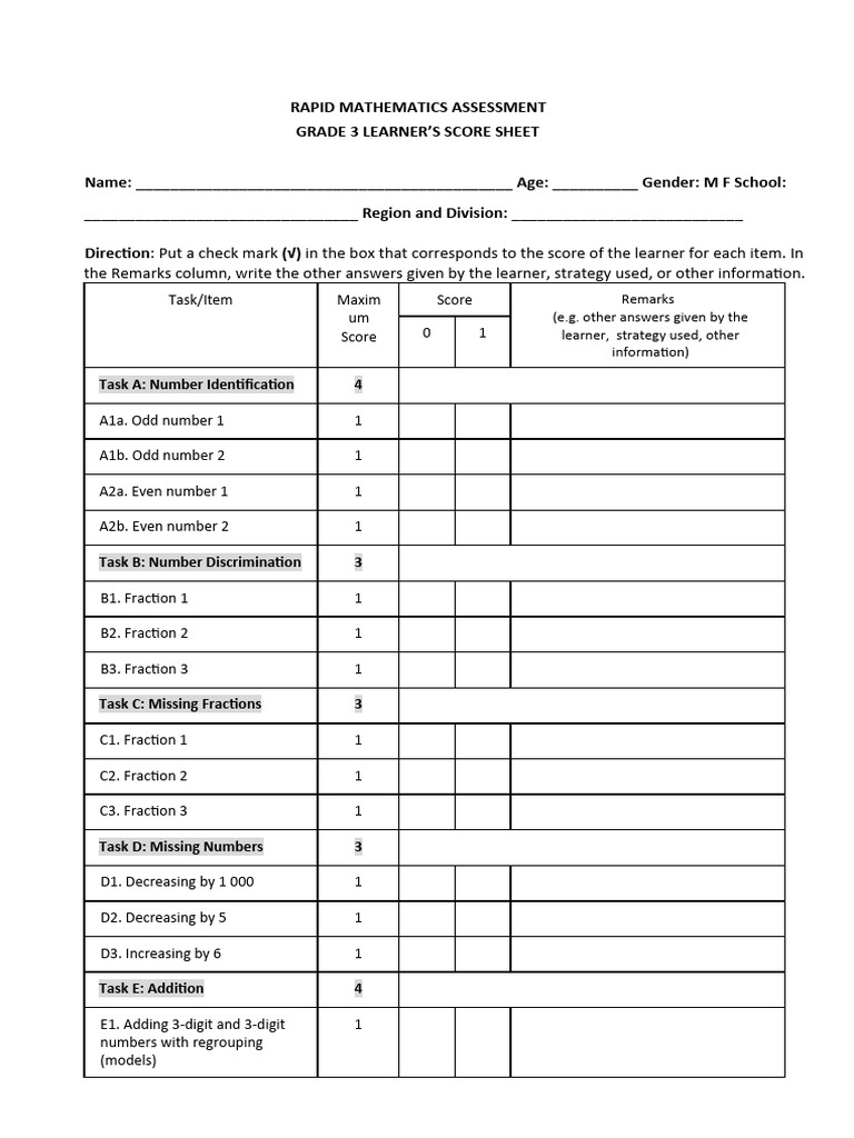 RMA - Grade 3 - Learner - S Score Sheet - 13 June 2023 | PDF
