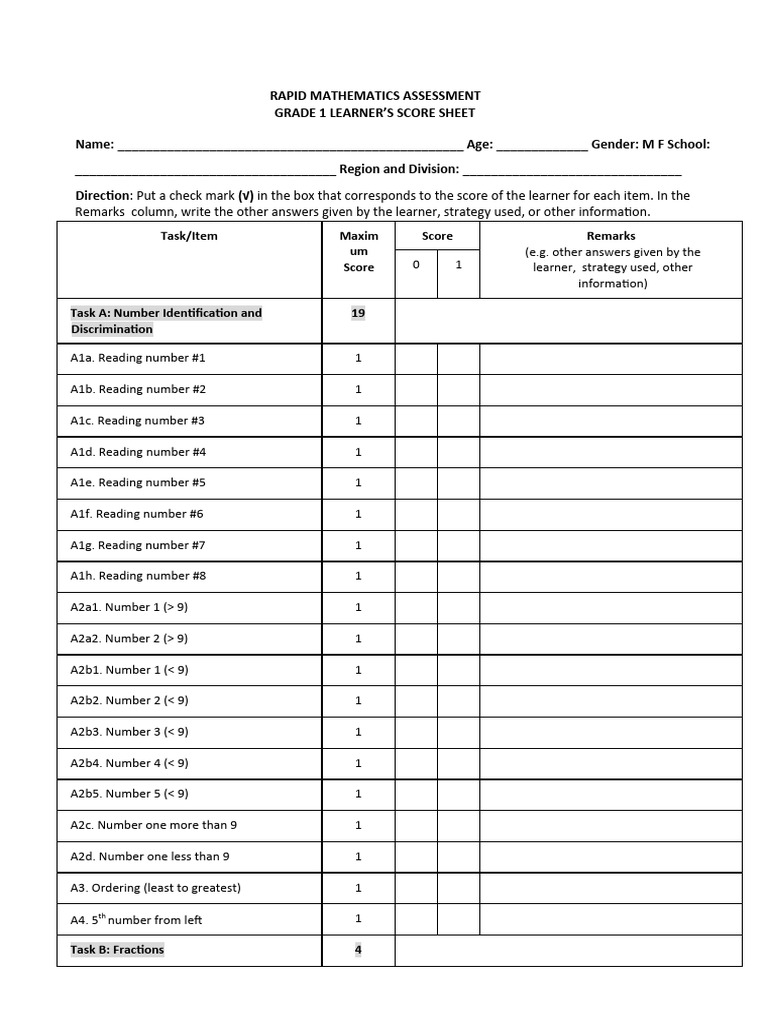 Grade 1 Rapid Mathematics Score Sheet | PDF | Learning | Cognition