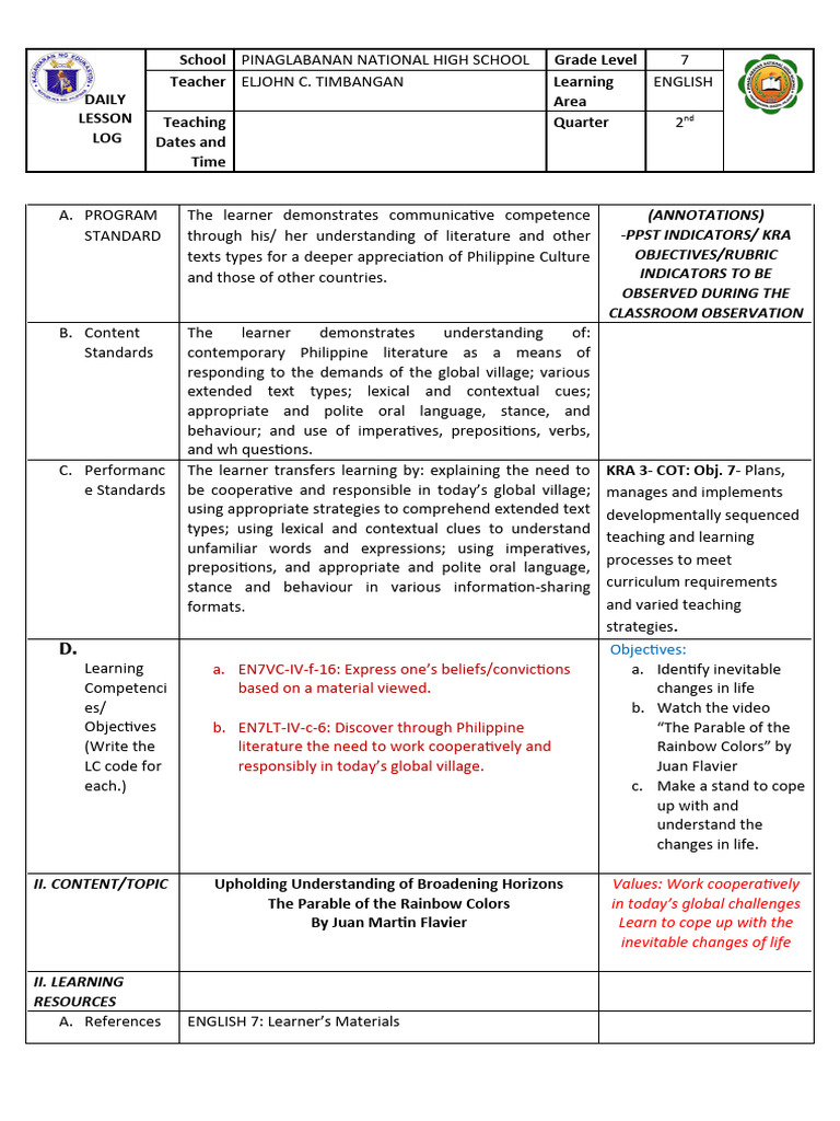 COT 2 Q2 Lesson Parable of The Rainbow Colors | PDF | Learning | Educational Technology