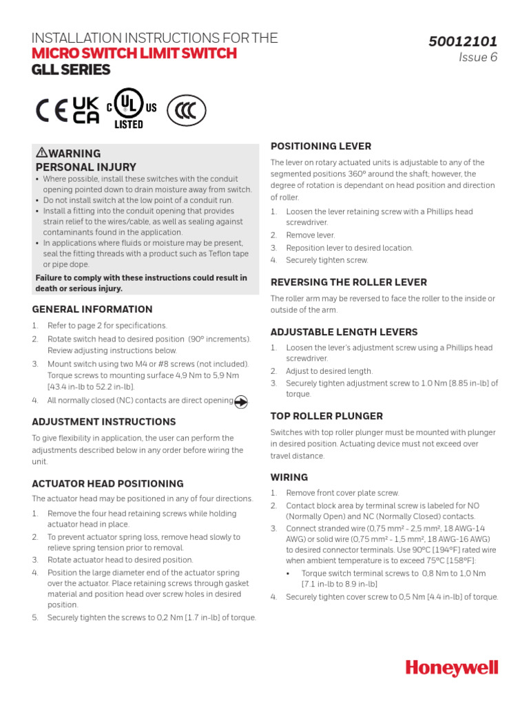 GLL Series Limit Switch Installation Guide | PDF | Switch | Screw