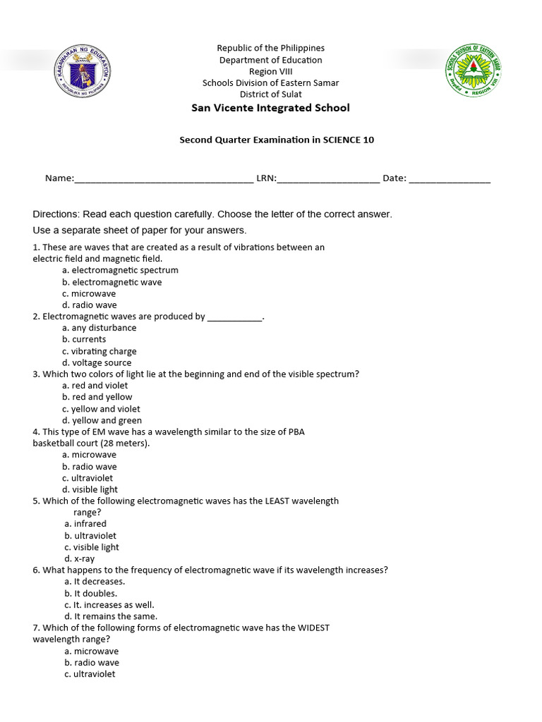 Science 10 2nd Quarter Exam | PDF | Electromagnetic Radiation ...