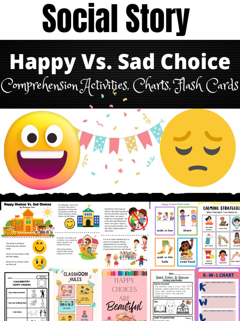Happy vs. Sad Choice: Comprehension Activities, Charts, Flash Cards ...