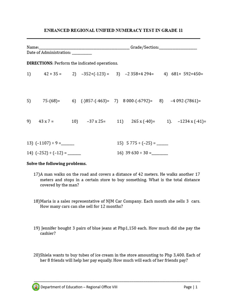Grade 11 Enhanced Numeracy Test | PDF