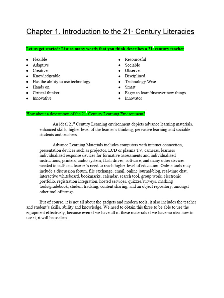 Chapter 1. Introduction To The 21st Century Literacies | PDF | Literacy ...