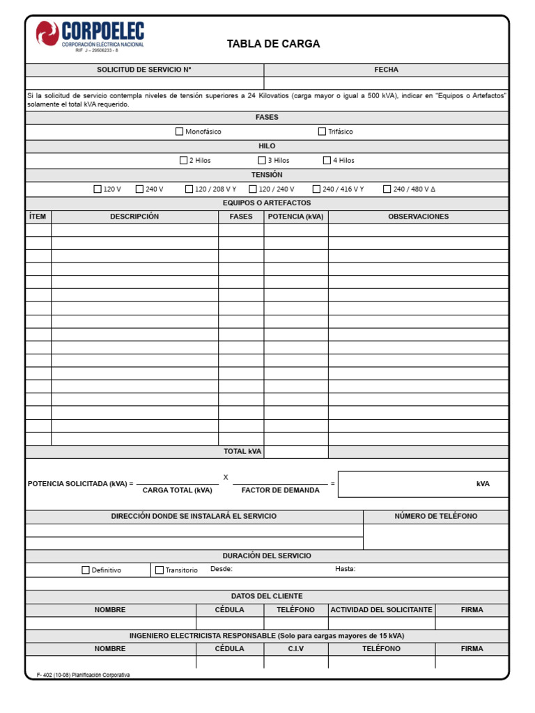 Tabla de Carga | Descargar gratis PDF | Energia electrica | Alimentación de CA