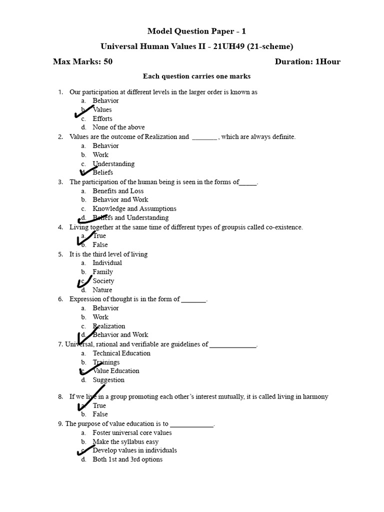 UHV Model Question Paper 1 | PDF