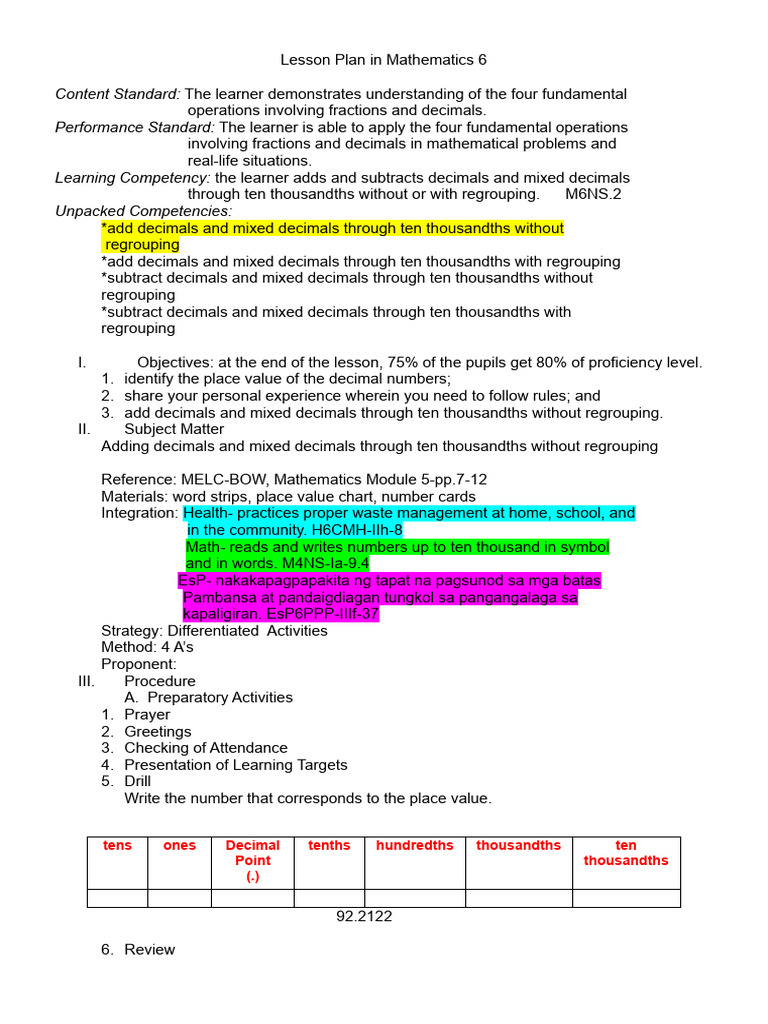 Lesson Plan in Mathematics 6 | PDF