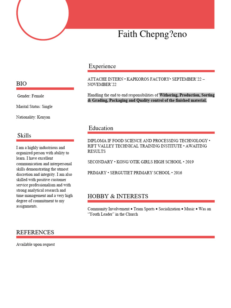 Food Science Intern Experience Summary | PDF