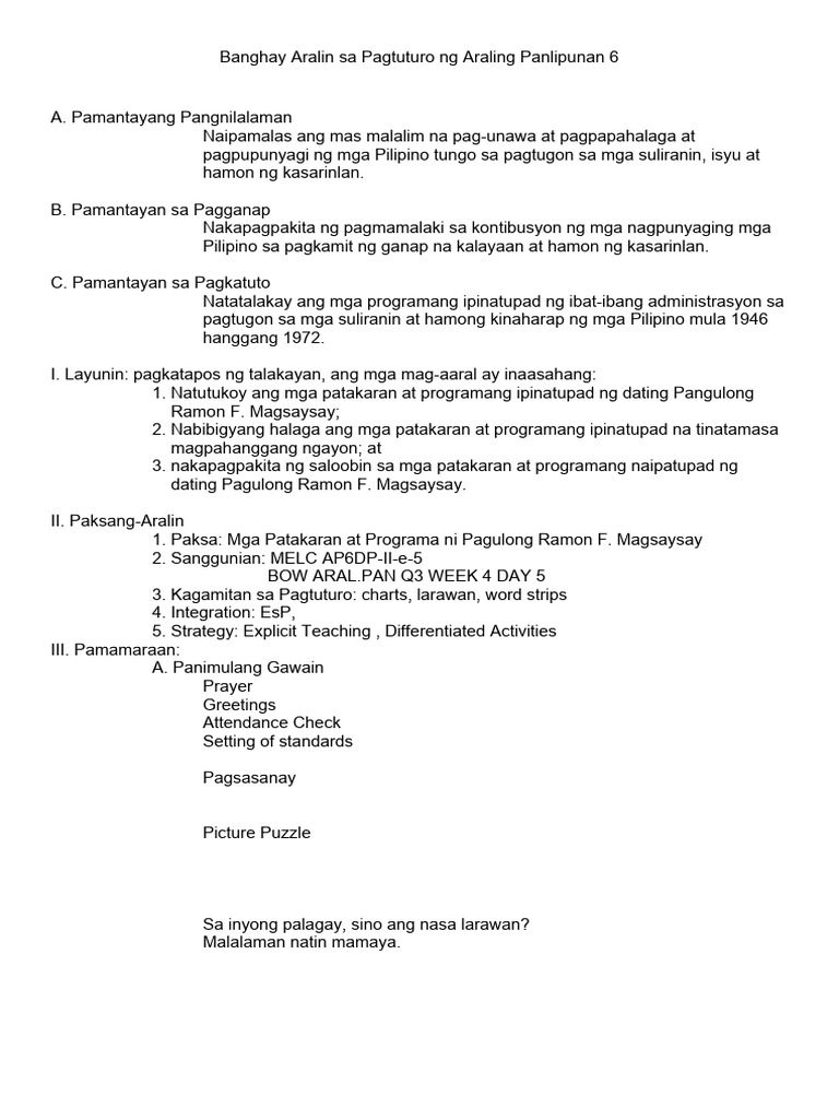 Lesson Plan in Aral - Pan | PDF