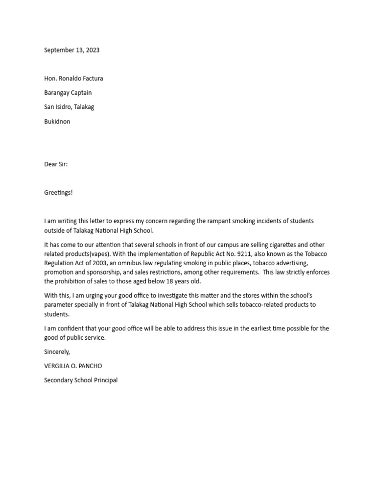Letter To Barangay On Request of No Smoking | PDF