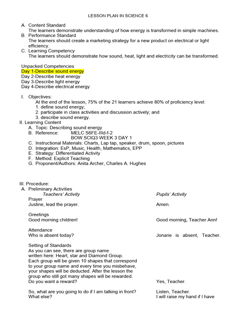 Sound Energy Lesson Plan for Grade 6 | PDF | Sound | Friction