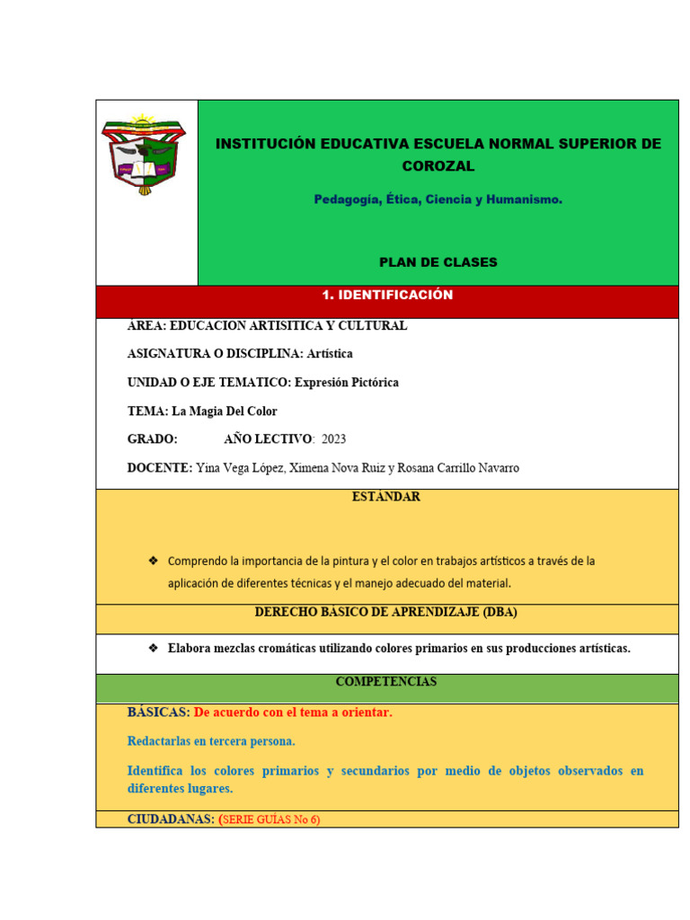 Plan de Clase de Educacion Artisitca 2C | PDF | Color