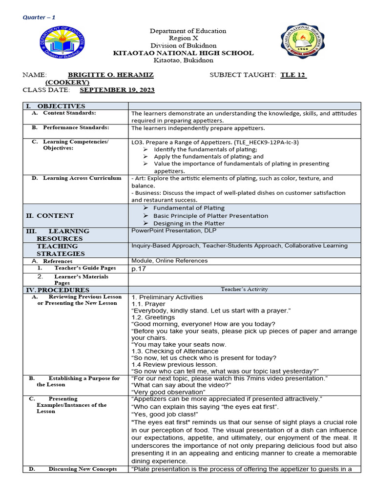 TLE 12 Cookery: Appetizer Plating | PDF | Experience | Learning