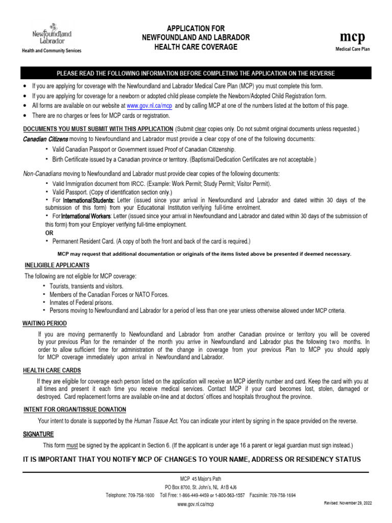 Newfoundland Health Care Coverage Application | PDF | Identity Document ...