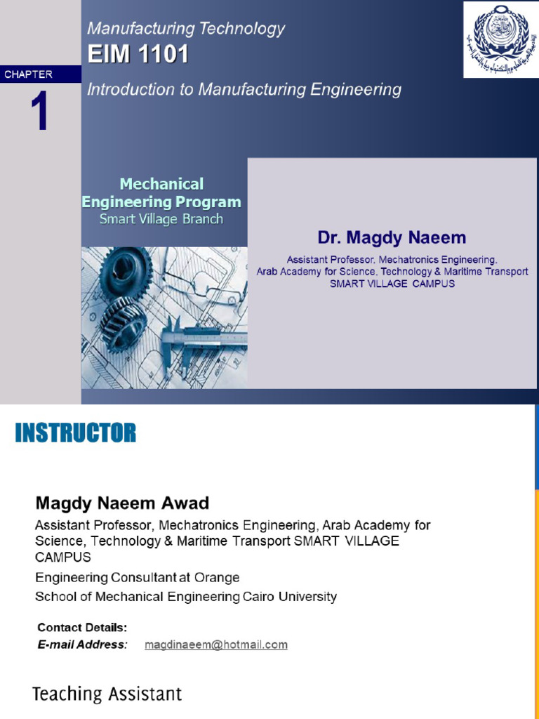 Lecture 1-Introduction - Manufacturing Technology-Course Outline and Safety-Fall 2024-AAST | PDF