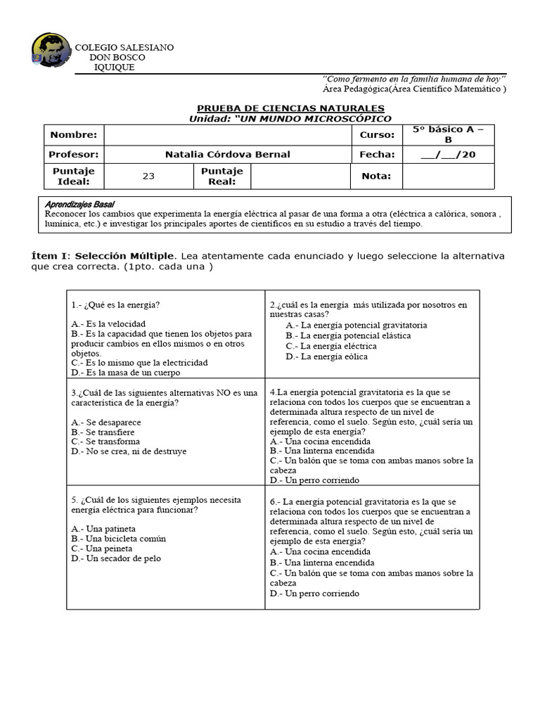 Prueba de Ciencias Naturales, Nota 4 Ev 1 | PDF