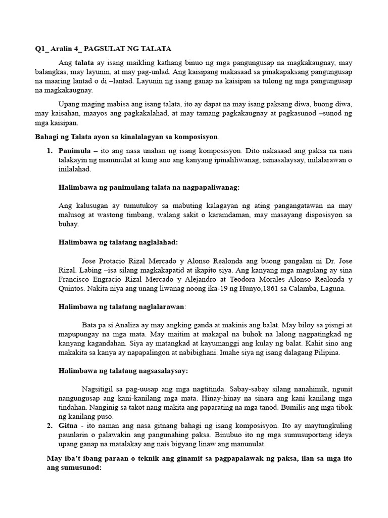 Q1 - Aralin 4 - Pagsulat NG Talata | PDF