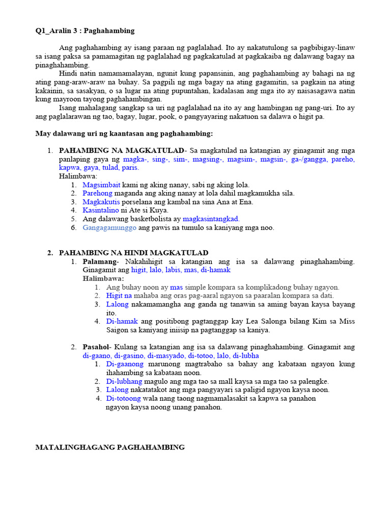 Q1 - Aralin 3 - Paghahambing at Matalinghagang Paghahambing | PDF