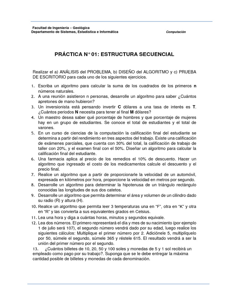 PRÁCTICA #01. Estructura Secuencial | PDF | Algoritmos | Porcentaje