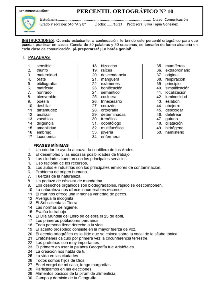 Percentil Ortografico N 10 - 5to de Primaria | PDF