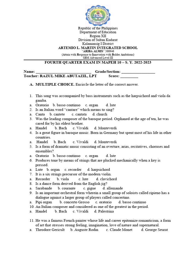 4TH Quarter Exam in Mapeh 10 | PDF