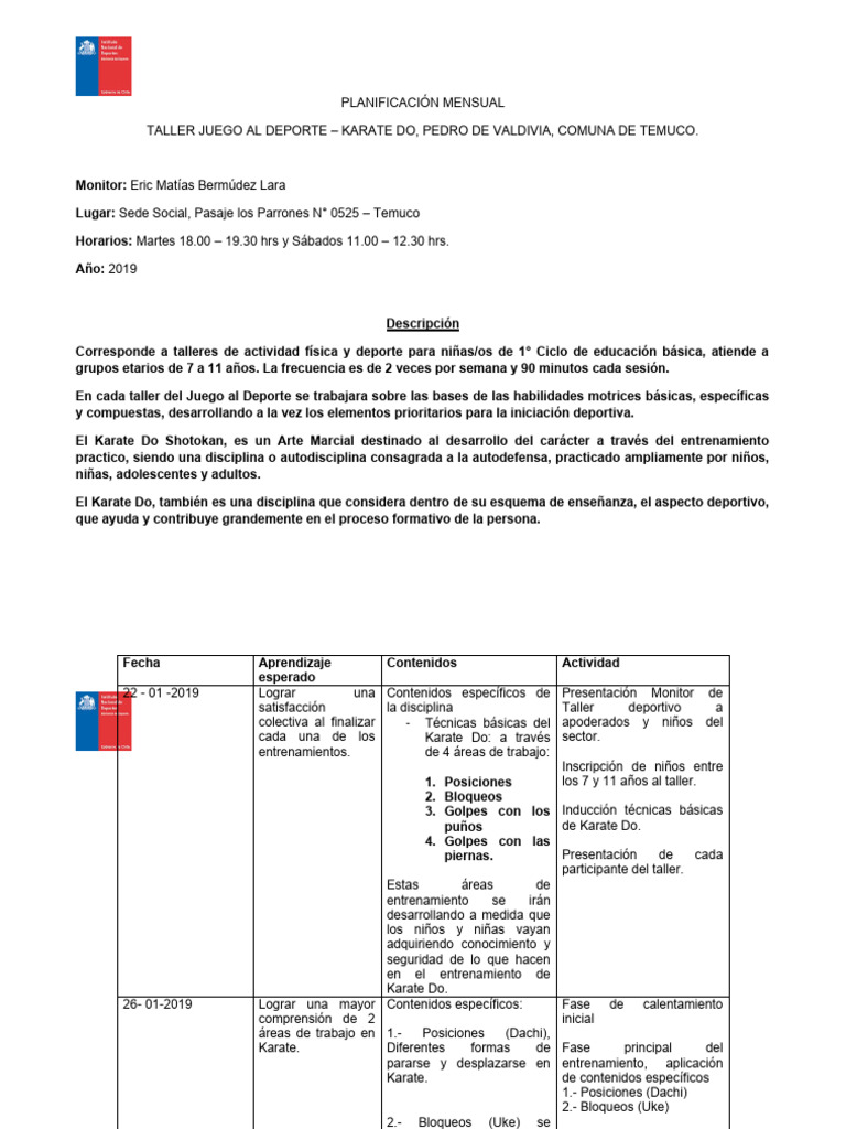 4953 Planificaci N Mensual Taller de Karate | PDF | Kárate