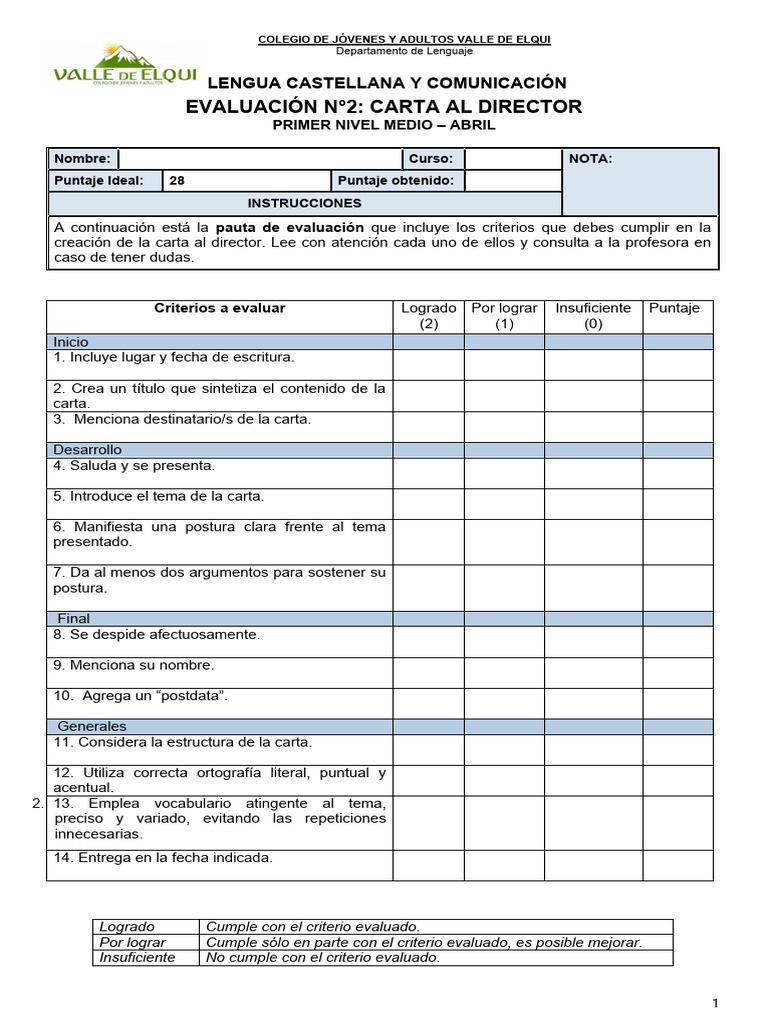 EVALUACIÓN N°2 - CARTA AL DIRECTOR -LENGUAJE - INM | PDF | Escritura ...
