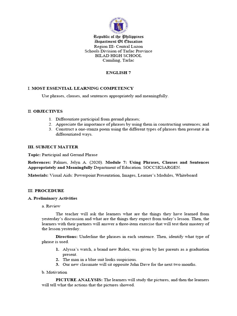 Participial and Gerud Phrase Lesson Plan | PDF | Phrase | Verb