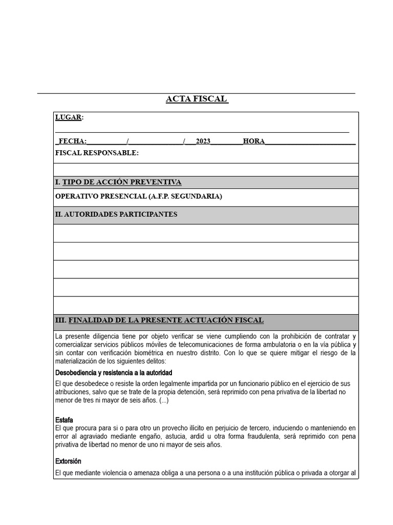 Modelo Acta Operativo | PDF | Castigos | Fiscal Modelo Acta Operativo | PDF | Castigos | Fiscal