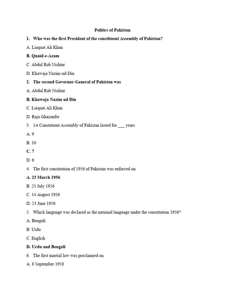 Politics of Pakistan MCQs | PDF