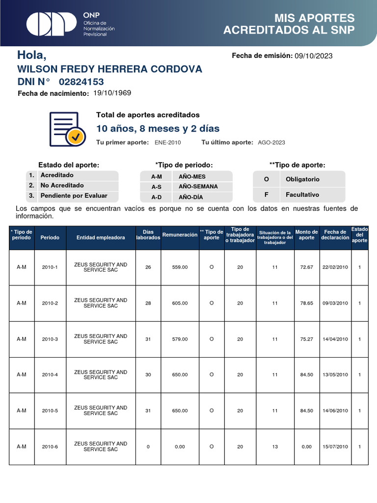 Record de Aportes Wilson Herrera | PDF | Jubilación | Pensión