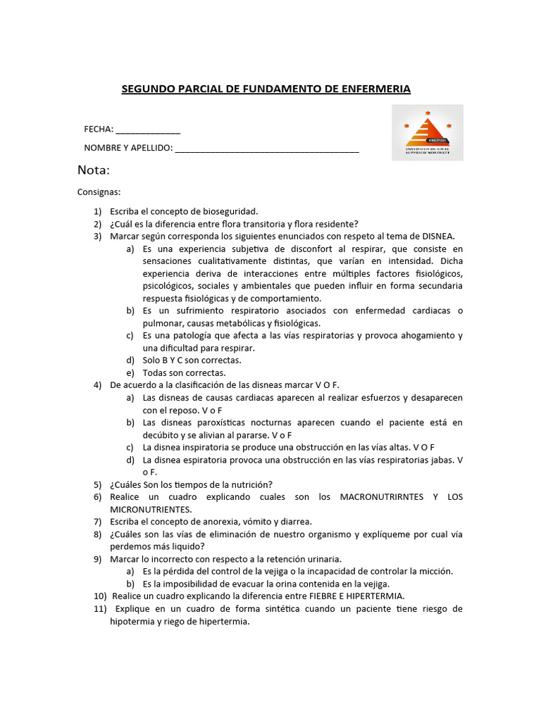 Segundo Parcial de Fundamentos de Enfermería | PDF
