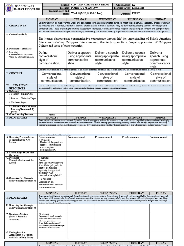DLL - 1ST Quarter - ENG - WEEK 8 | PDF