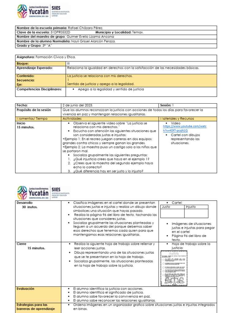 Plan de Clase Formacion TERCER GRADO | PDF | Educación primaria | Justicia
