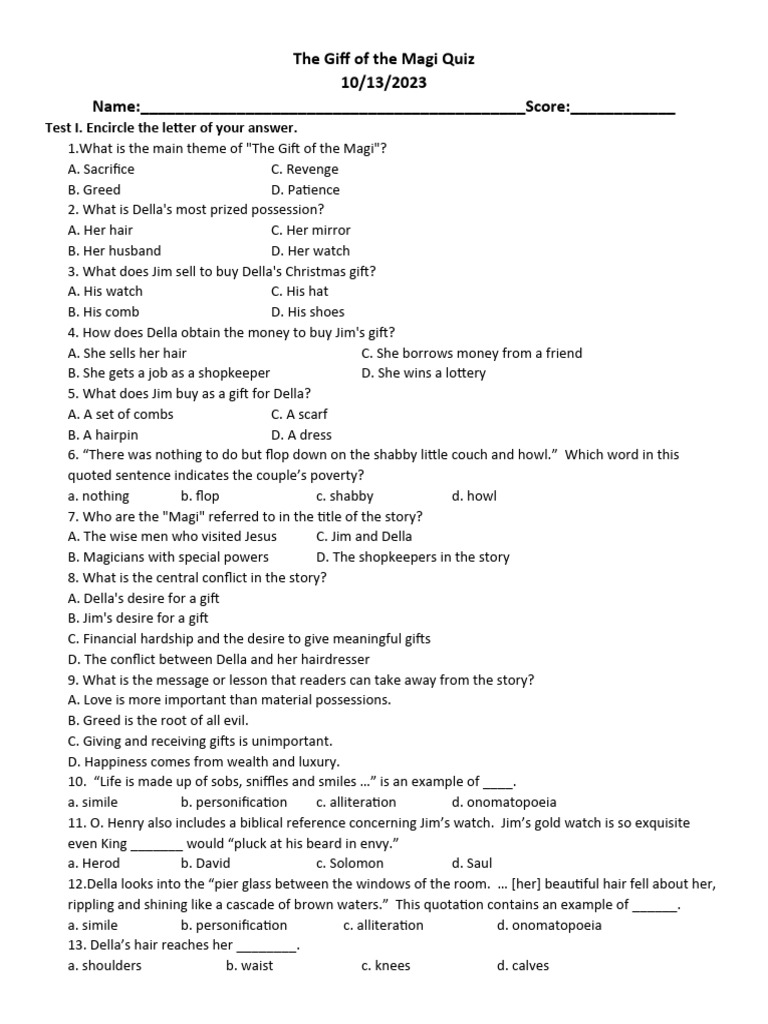 The Giff of Magi Quiz | PDF