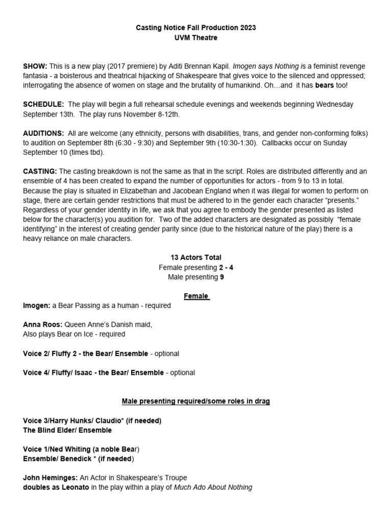 UVM Theatre Fall 2023 Auditions | PDF | Much Ado About Nothing | Theatre