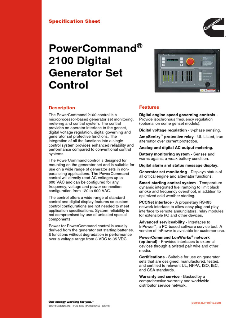 Specification Sheet Cummins Powercommand 2100 | PDF | Switch | Electric ...